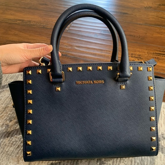 Michael Kors Collection | Bags | New Michael Kors Md Selma Gold Stud Navy Saffiano Leather ...